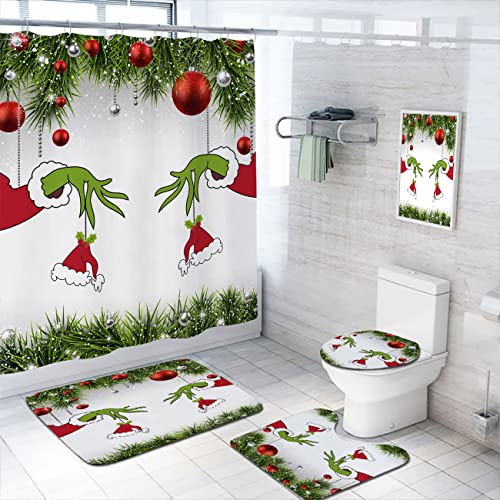 Christmas Shower Curtain Sets, Bathroom Sets, Toilet Lid Rug, Contour Mat and Bath Mat Xmas Santa Classical Christmas Ornaments Pine Tree Shower Curtain with 12 Hooks for Bathroom Set Decor