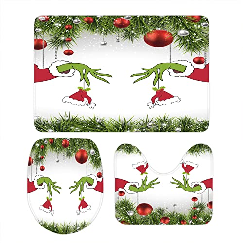 Christmas Shower Curtain Sets, Bathroom Sets, Toilet Lid Rug, Contour Mat and Bath Mat Xmas Santa Classical Christmas Ornaments Pine Tree Shower Curtain with 12 Hooks for Bathroom Set Decor