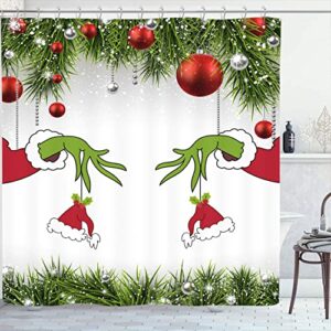 Christmas Shower Curtain Sets, Bathroom Sets, Toilet Lid Rug, Contour Mat and Bath Mat Xmas Santa Classical Christmas Ornaments Pine Tree Shower Curtain with 12 Hooks for Bathroom Set Decor