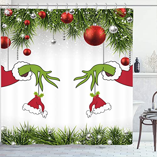 Christmas Shower Curtain Sets, Bathroom Sets, Toilet Lid Rug, Contour Mat and Bath Mat Xmas Santa Classical Christmas Ornaments Pine Tree Shower Curtain with 12 Hooks for Bathroom Set Decor