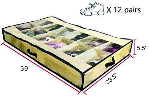 SHONPY Men/Women Adults 12 Cells See Through Underbed Shoe Storage Bag Organizer, Beige 