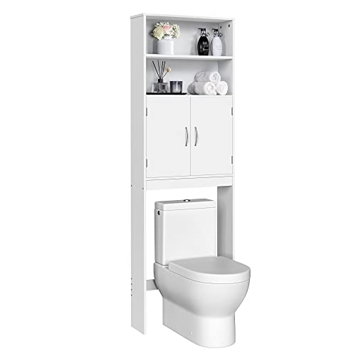 Yaheetech Over The Toilet Storage, Taller Bathroom Organizer Space-Saving Storage Cabinet with Adjustable Shelves and Double Doors, 77 in H, White