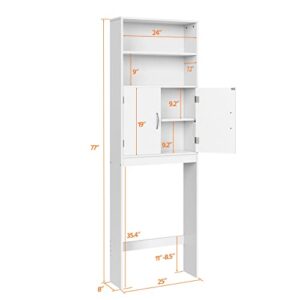 Yaheetech Over The Toilet Storage, Taller Bathroom Organizer Space-Saving Storage Cabinet with Adjustable Shelves and Double Doors, 77 in H, White