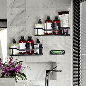 zhidengwj 3-pack shower caddy basket shelf with soap holder no drilling adhesive shelves bathroom basketfor inside shower & kitchen storage stainless steel - black