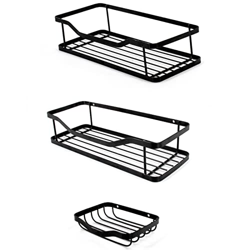 ZHIDENGWJ 3-Pack Shower Caddy Basket Shelf with Soap Holder No Drilling Adhesive Shelves Bathroom Basketfor Inside Shower & Kitchen Storage Stainless Steel - Black