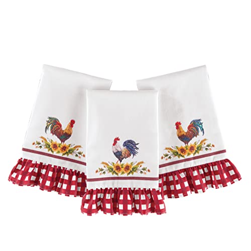 Collections Etc Roosters and Sunflowers Ruffled Hand Towels - Set of 3