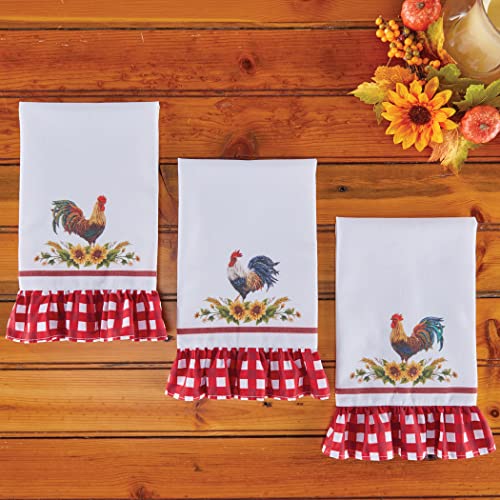 Collections Etc Roosters and Sunflowers Ruffled Hand Towels - Set of 3