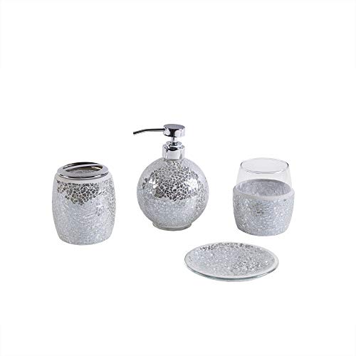 Madison Park Mosaic Bathroom Accessories Set , 4 Piece Bath Accessory Sets With Silver Soap Dispenser , Toothbrush Holder , Tumbler And Ring Tray