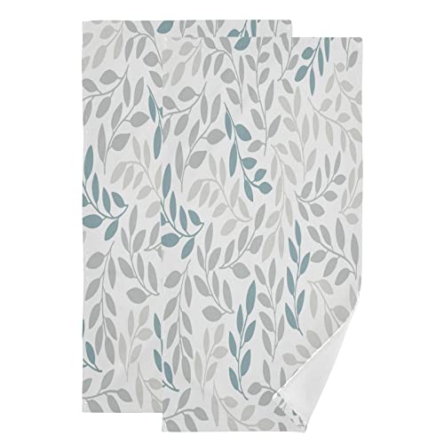 Gray and Blue Leaves Branches Hand Towels Bathroom Bath Towel Set of 2 Soft Absorbent Washcloths Thin Guest Face Towels Decorative for Beach Gym Hotel Yoga Home Decor Kitchen Dish Towel 15x30 Inch