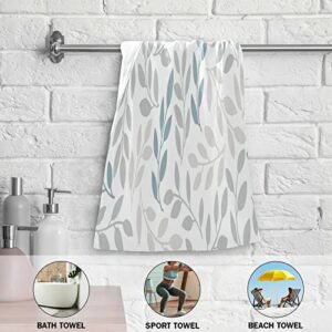 Gray and Blue Leaves Branches Hand Towels Bathroom Bath Towel Set of 2 Soft Absorbent Washcloths Thin Guest Face Towels Decorative for Beach Gym Hotel Yoga Home Decor Kitchen Dish Towel 15x30 Inch