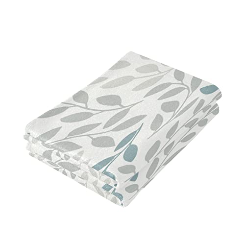 Gray and Blue Leaves Branches Hand Towels Bathroom Bath Towel Set of 2 Soft Absorbent Washcloths Thin Guest Face Towels Decorative for Beach Gym Hotel Yoga Home Decor Kitchen Dish Towel 15x30 Inch