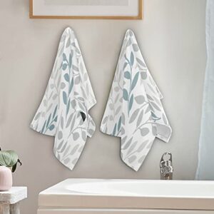 Gray and Blue Leaves Branches Hand Towels Bathroom Bath Towel Set of 2 Soft Absorbent Washcloths Thin Guest Face Towels Decorative for Beach Gym Hotel Yoga Home Decor Kitchen Dish Towel 15x30 Inch