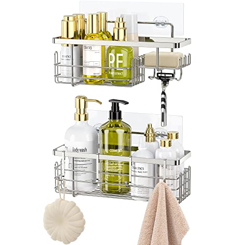 PARAKE Shower Caddy Organizer with Soap Holder, 2-Pack SUS304 Stainless Steel Shower Shelves, Self Adhesive Rustproof Shower Caddy with Hooks, for Bathroom Shampoo Soap Storage Kitchen Rack, Silver