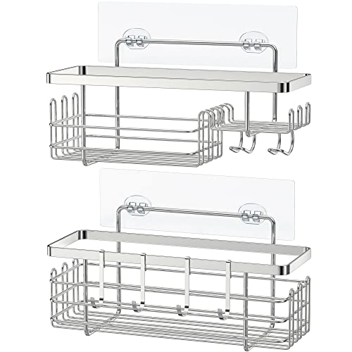 PARAKE Shower Caddy Organizer with Soap Holder, 2-Pack SUS304 Stainless Steel Shower Shelves, Self Adhesive Rustproof Shower Caddy with Hooks, for Bathroom Shampoo Soap Storage Kitchen Rack, Silver