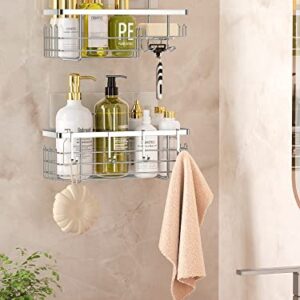 PARAKE Shower Caddy Organizer with Soap Holder, 2-Pack SUS304 Stainless Steel Shower Shelves, Self Adhesive Rustproof Shower Caddy with Hooks, for Bathroom Shampoo Soap Storage Kitchen Rack, Silver