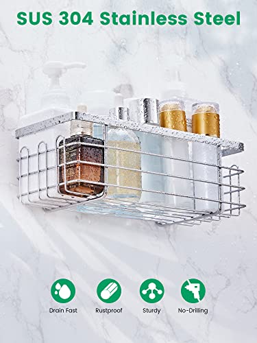 PARAKE Shower Caddy Organizer with Soap Holder, 2-Pack SUS304 Stainless Steel Shower Shelves, Self Adhesive Rustproof Shower Caddy with Hooks, for Bathroom Shampoo Soap Storage Kitchen Rack, Silver