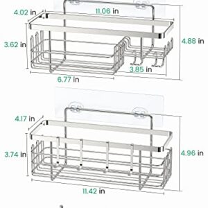 PARAKE Shower Caddy Organizer with Soap Holder, 2-Pack SUS304 Stainless Steel Shower Shelves, Self Adhesive Rustproof Shower Caddy with Hooks, for Bathroom Shampoo Soap Storage Kitchen Rack, Silver