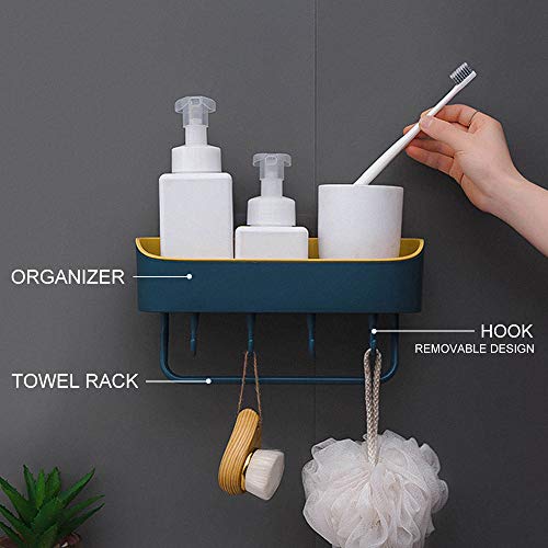 BEAUTTI DAUPHINE Self Adhesive Wall Mounted Shower Caddy Shelf Bath Organizer, Shampoo Shelves Storage Basket Soap Holder with 4 Hooks & 1 Towel Bar Rack for Bathroom, Kitchen, No Drilling