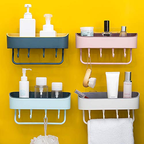 BEAUTTI DAUPHINE Self Adhesive Wall Mounted Shower Caddy Shelf Bath Organizer, Shampoo Shelves Storage Basket Soap Holder with 4 Hooks & 1 Towel Bar Rack for Bathroom, Kitchen, No Drilling