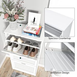 Noskatu Shoe Cabinet with Louvered Door Entryway Storage Cabinet with 3 Flip Doors and Adjustable Shelf Modern White Shoe Storage Rack for Entryway Hallway