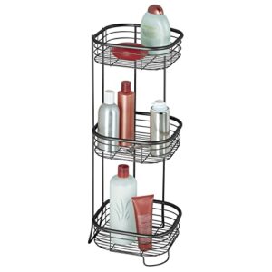 mdesign square metal bathroom shelf unit - free standing vertical storage for organizing and storing hand towels, body lotion, facial tissues, bath salts - 3 shelves, steel wire - matte black