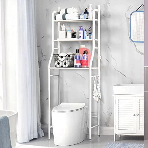 JOCHER 3-Tier Over The Toilet Storage Rack, Multifunctional Bathroom Organizer Over Toilet Shelf,Stable Freestanding Toilet Rack Storage Shelves, Space Saver,Metal,19.7" W x 9.85" D x 60" H(White)