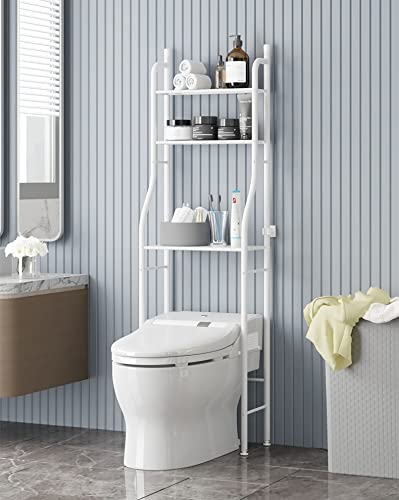 JOCHER 3-Tier Over The Toilet Storage Rack, Multifunctional Bathroom Organizer Over Toilet Shelf,Stable Freestanding Toilet Rack Storage Shelves, Space Saver,Metal,19.7" W x 9.85" D x 60" H(White)