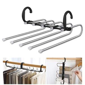 waou massy pants hangers multi-layer hanging pants 5 in 1 pants rack stainless steel pants hangers folding storage rack space saver storage for trousers scarf tie belt adjustable black (2 pack)