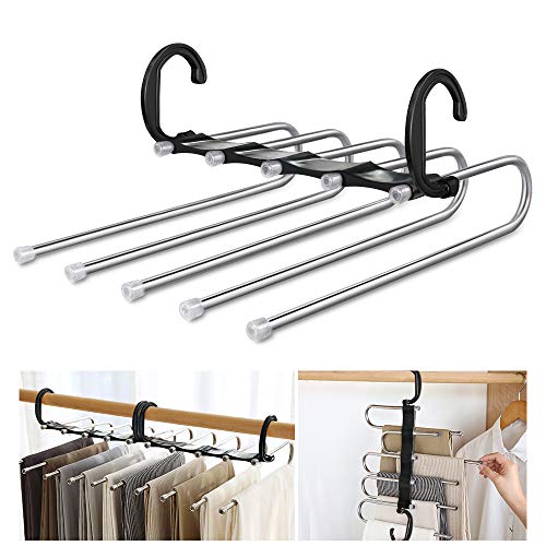 WAOU Massy Pants Hangers Multi-Layer Hanging Pants 5 in 1 Pants Rack Stainless Steel Pants Hangers Folding Storage Rack Space Saver Storage for Trousers Scarf Tie Belt Adjustable Black (2 Pack)