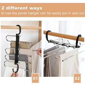 WAOU Massy Pants Hangers Multi-Layer Hanging Pants 5 in 1 Pants Rack Stainless Steel Pants Hangers Folding Storage Rack Space Saver Storage for Trousers Scarf Tie Belt Adjustable Black (2 Pack)