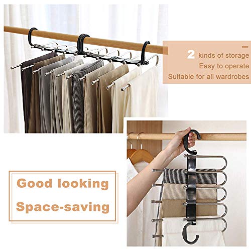 WAOU Massy Pants Hangers Multi-Layer Hanging Pants 5 in 1 Pants Rack Stainless Steel Pants Hangers Folding Storage Rack Space Saver Storage for Trousers Scarf Tie Belt Adjustable Black (2 Pack)