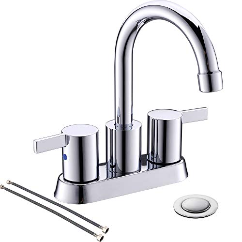 4 Inch 2 Handle Centerset Chrome Lead-Free Bathroom Faucet, Swivel Spout with Copper Pop Up Drain and 2 Water Supply Lines, BF015-1-C