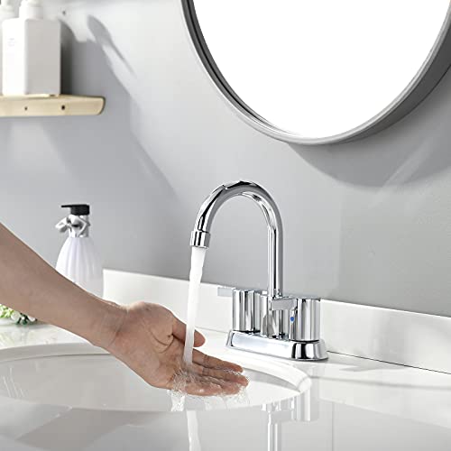 4 Inch 2 Handle Centerset Chrome Lead-Free Bathroom Faucet, Swivel Spout with Copper Pop Up Drain and 2 Water Supply Lines, BF015-1-C