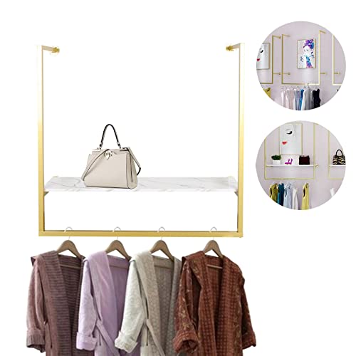 Wall Mounted Clothes Rack Clothing Store Garment Rack Clothing Racks for Hanging Clothes Rail Closet Clothes Hanger Rack Metal Storage Display Rack Simple Clothing Rack Gold (U-Shaped+Board)