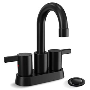 4 inch 2 handle centerset matte black lead-free modern bathroom faucet by phiestina, 360 swivel spout 2-3 hole rv bathroom vanity sink faucet with pop up drain and water supply lines，bf015-1-mb