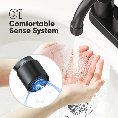 4 Inch 2 Handle Centerset Matte Black Lead-Free Modern Bathroom Faucet by Phiestina, 360 Swivel Spout 2-3 Hole RV Bathroom Vanity Sink Faucet with Pop Up Drain and Water Supply Lines，BF015-1-MB