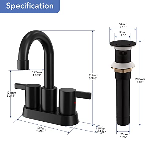 4 Inch 2 Handle Centerset Matte Black Lead-Free Modern Bathroom Faucet by Phiestina, 360 Swivel Spout 2-3 Hole RV Bathroom Vanity Sink Faucet with Pop Up Drain and Water Supply Lines，BF015-1-MB