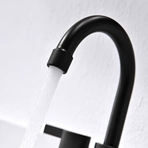 4 Inch 2 Handle Centerset Matte Black Lead-Free Modern Bathroom Faucet by Phiestina, 360 Swivel Spout 2-3 Hole RV Bathroom Vanity Sink Faucet with Pop Up Drain and Water Supply Lines，BF015-1-MB