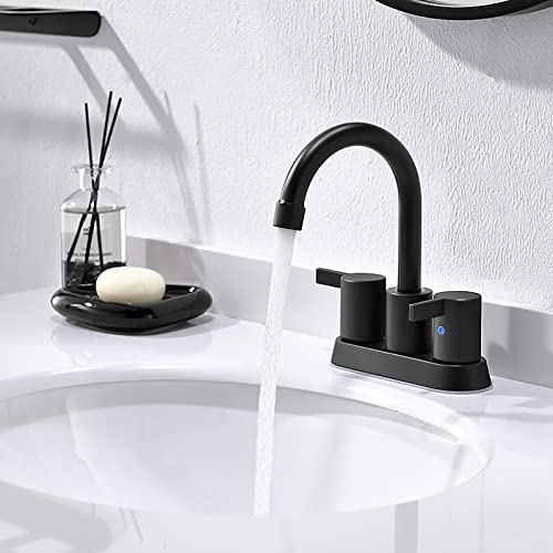 4 Inch 2 Handle Centerset Matte Black Lead-Free Modern Bathroom Faucet by Phiestina, 360 Swivel Spout 2-3 Hole RV Bathroom Vanity Sink Faucet with Pop Up Drain and Water Supply Lines，BF015-1-MB