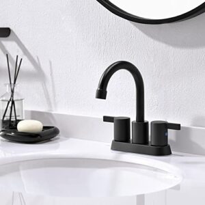 4 Inch 2 Handle Centerset Matte Black Lead-Free Modern Bathroom Faucet by Phiestina, 360 Swivel Spout 2-3 Hole RV Bathroom Vanity Sink Faucet with Pop Up Drain and Water Supply Lines，BF015-1-MB