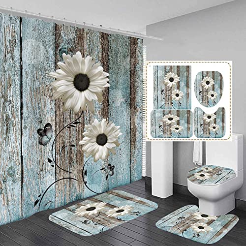 AAtter Rustic Teal Flower Shower Curtain Set Farmhouse Barn Door Flower Polyester Fabric Curtain with Non-Slip Rug, Toilet Lid Cover and Bath Mat for Bathroom Set 4 Pcs (W60''xH72'') 12 Hooks Included