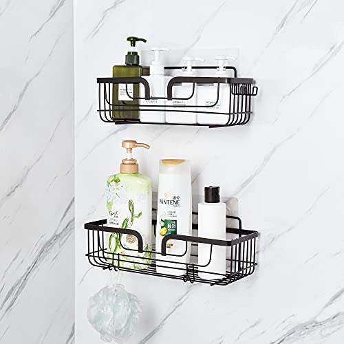 JOMOLA Shower Caddy Shelves Adhesive Bathroom Organizer Basket Kitchen Shelf Wall Storage Rack with 4 Hanging Hooks No drilling, Stainless Steel, Black 2pcs