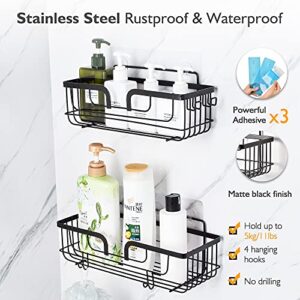 JOMOLA Shower Caddy Shelves Adhesive Bathroom Organizer Basket Kitchen Shelf Wall Storage Rack with 4 Hanging Hooks No drilling, Stainless Steel, Black 2pcs