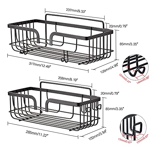 JOMOLA Shower Caddy Shelves Adhesive Bathroom Organizer Basket Kitchen Shelf Wall Storage Rack with 4 Hanging Hooks No drilling, Stainless Steel, Black 2pcs