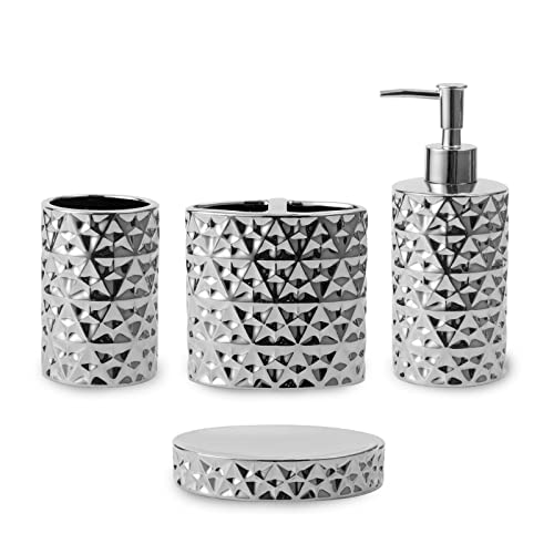 Silver Bathroom Accessory Sets 4 Piece Ceramic Gift Set Apartment Necessities,Includes Soap Dispenser, Toothbrush Holder, Toothbrush Cup, Soap Dish for Decorative Countertop and Housewarming Gift.