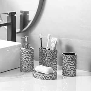 Silver Bathroom Accessory Sets 4 Piece Ceramic Gift Set Apartment Necessities,Includes Soap Dispenser, Toothbrush Holder, Toothbrush Cup, Soap Dish for Decorative Countertop and Housewarming Gift.