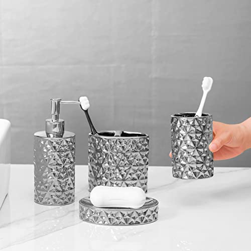 Silver Bathroom Accessory Sets 4 Piece Ceramic Gift Set Apartment Necessities,Includes Soap Dispenser, Toothbrush Holder, Toothbrush Cup, Soap Dish for Decorative Countertop and Housewarming Gift.