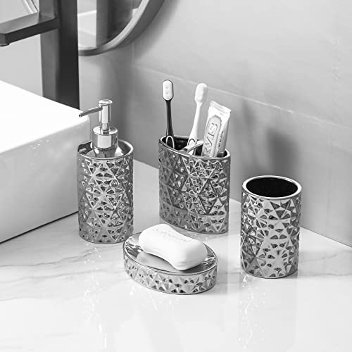 Silver Bathroom Accessory Sets 4 Piece Ceramic Gift Set Apartment Necessities,Includes Soap Dispenser, Toothbrush Holder, Toothbrush Cup, Soap Dish for Decorative Countertop and Housewarming Gift.