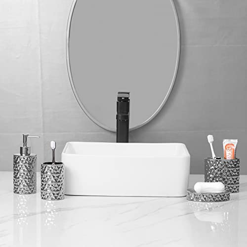 Silver Bathroom Accessory Sets 4 Piece Ceramic Gift Set Apartment Necessities,Includes Soap Dispenser, Toothbrush Holder, Toothbrush Cup, Soap Dish for Decorative Countertop and Housewarming Gift.