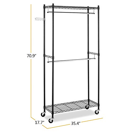 Kcelarec 70 Inches Adjustable, Double Hanging Rod Garment Rolling Closet Organizer Rack,Black